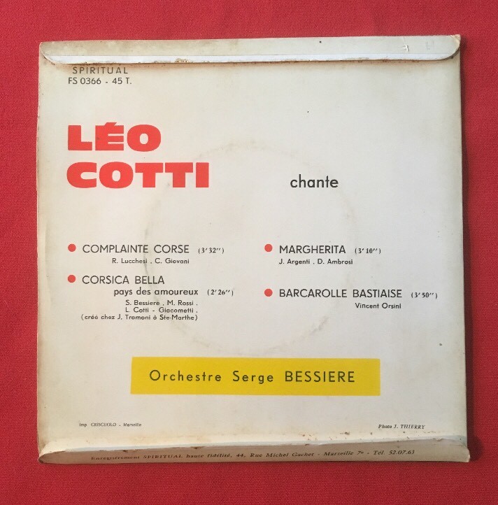 Léo Cotti Chants Corsican Complaints Corsica Bella FS0366 G+ Vinyl 45T ...