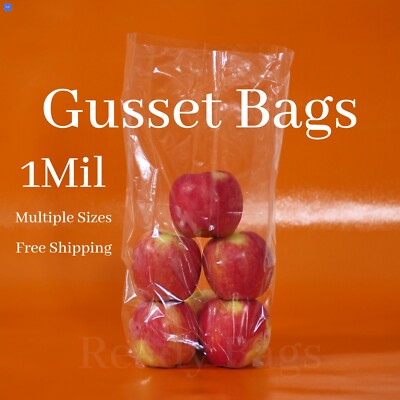 Clear Plastic Produce Bags w Free Twist Ties Open Top Gusset Food Bread ...