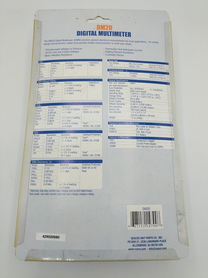 DM20 NEW SUPCO DIGITAL MULTIMETER IN ORIGINAL PACKAGING - 750VAC 1KVDC ...