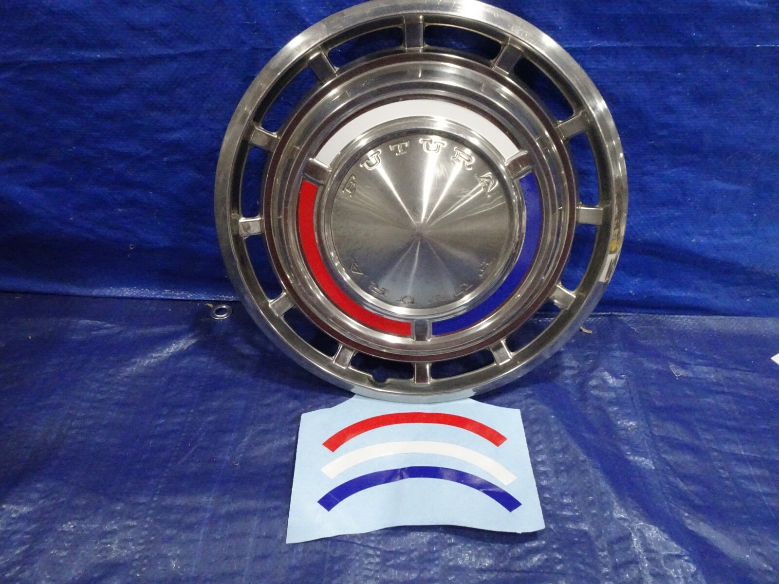 62 - 63 Ford Falcon Futura Hubcap wheel cover red white blue decal set ...