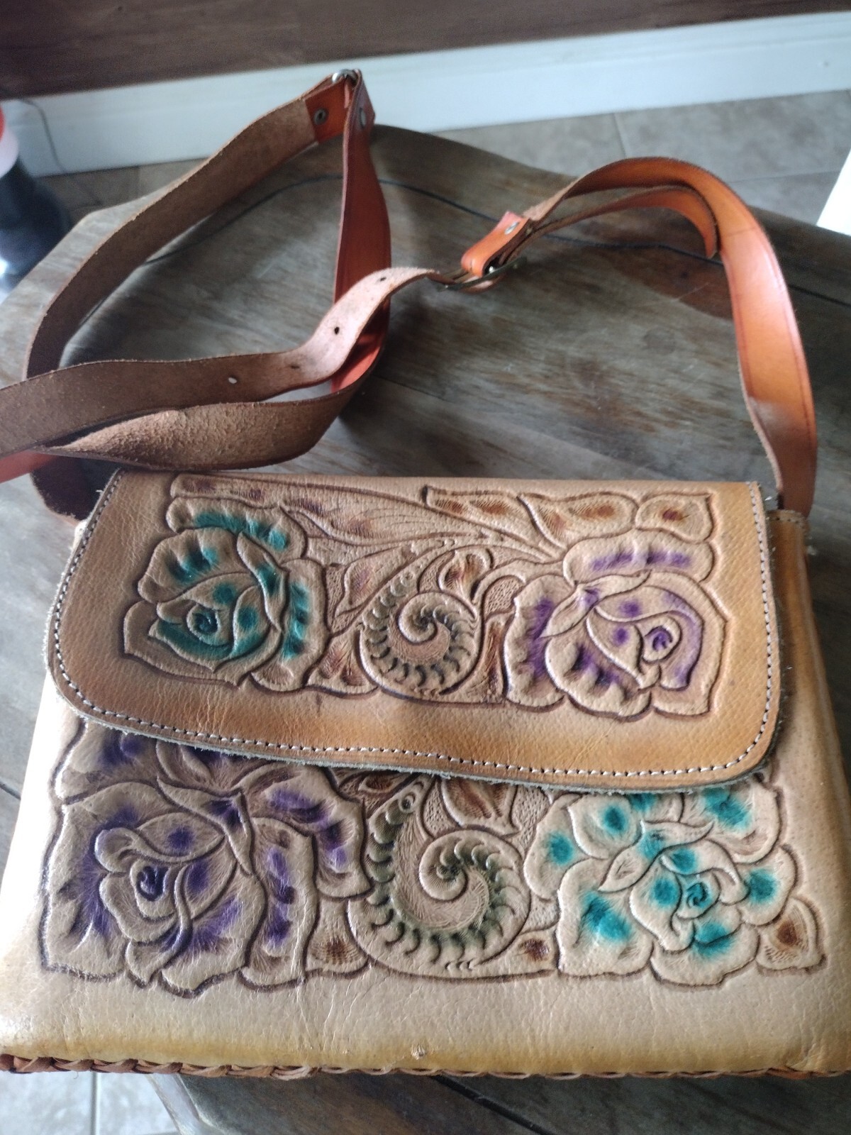 Leather Hand Tooled Handbag Embossed Mexico Floral Pu… - Gem