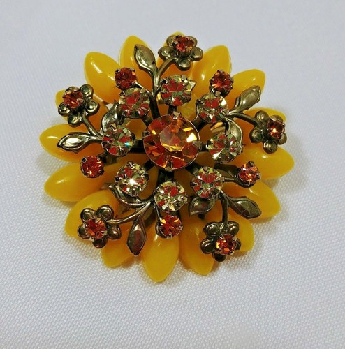 Rhinestone Domed Pin Back Brooch Yellow Gold White Vintage | eBay
