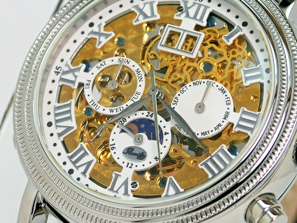NEW ROMILLY CABOT AUTOMATIC SKELETON MULTI FUNCTION WATCH SILVER BROWN ...