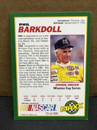 1993 MAXX NASCAR Racing Driver #73 Phil Barkdoll Signed On Card Auto ...