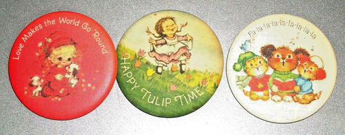 3 VINTAGE 60s HALLMARK PINBACK BUTTONS TULIP TIME FALALALA LOVE MAKES ...