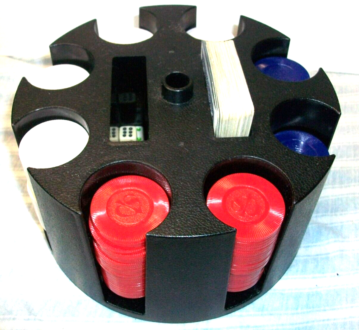 Vintage Poker Chip Set Playing Cards Dice Spinning Carousel Caddy ...