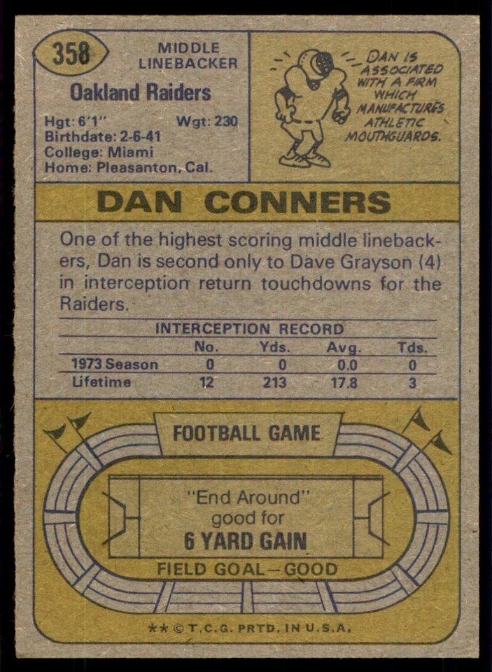 1974 Topps Dan Conners Football Card Oakland Raiders #358 | eBay