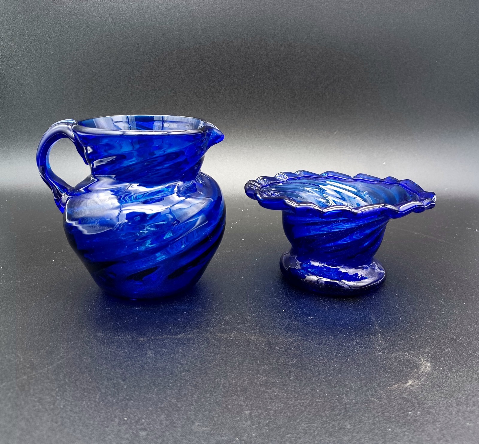 Vintage Handblown Art Glass Optic Swirl COBALT BLUE Miniature Pitcher ...