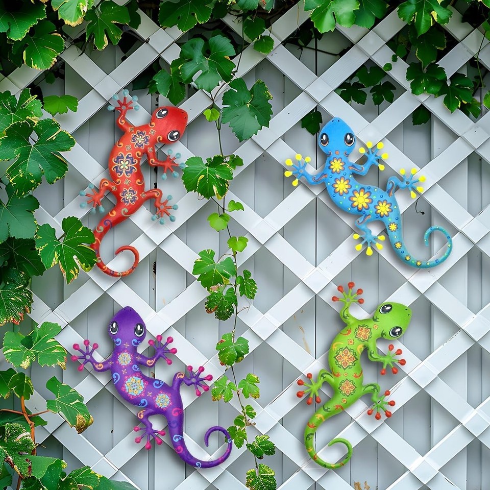 4 Pcs Metal Gecko Outdoor Decorations - Metal Wall Art Hanging ...