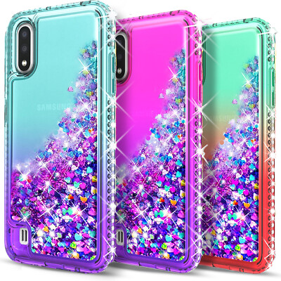 For Samsung Galaxy A01 Case, Glitter Bling Phone Cover+ Tempered Glass ...