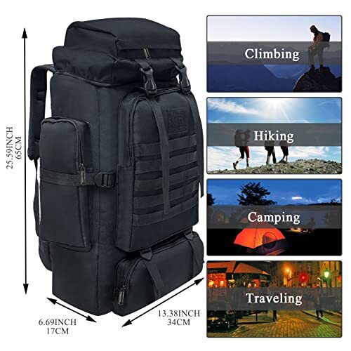 80L Camping Hiking Backpack, Large Survival Hunting Backpack Men (Black ...