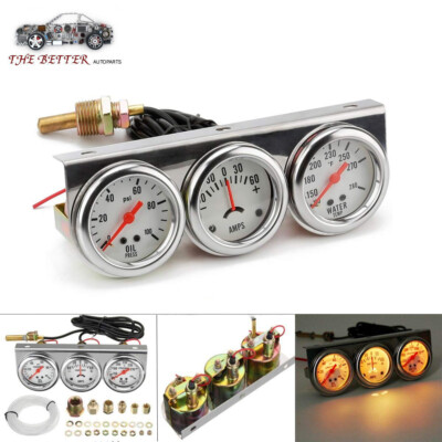 2" 52mm Oil Pressure Amp Meter Water Temp Triple Gauge 3 in 1 Set ...