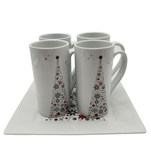 Food Network Linzer Holiday Tree 16oz Latte Mugs With Tray Set Of 5 ...