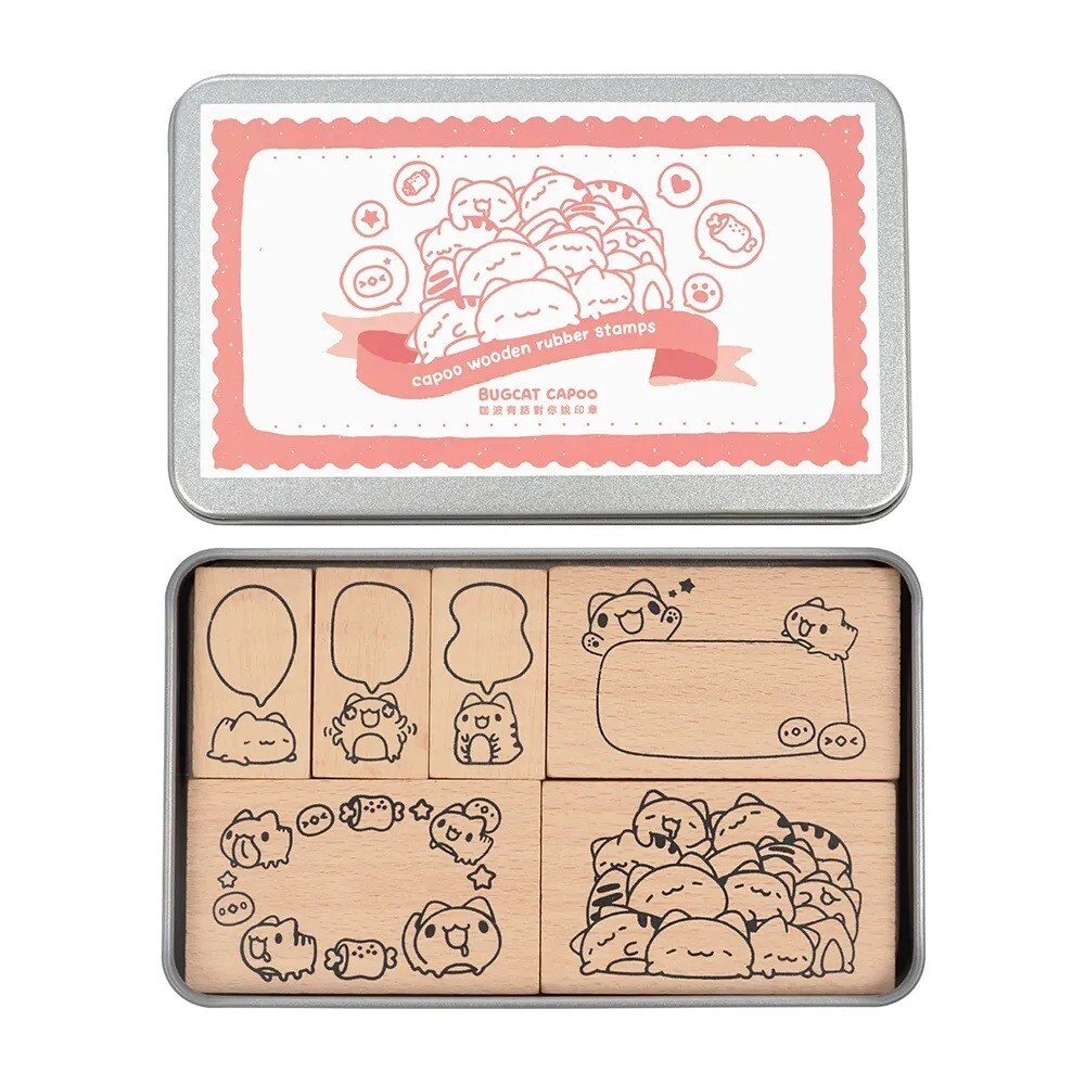 Bugcat Capoo and friends Wooden Rubber stamp 6 designs in a tin box ...