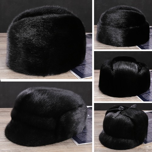Winter Mens Real Mink Fur Forensics Hat Peaked Cap Warm Black Fashion ...