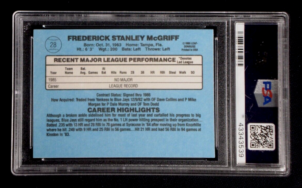 FRED MCGRIFF 1986 DONRUSS BASEBALL ROOKIE CARD #28 PSA 9 MINT GRADED ...