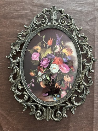Vintage Ornate Metal Picture Frame Flowers Oval Convex Glass 13x10 Wall ...