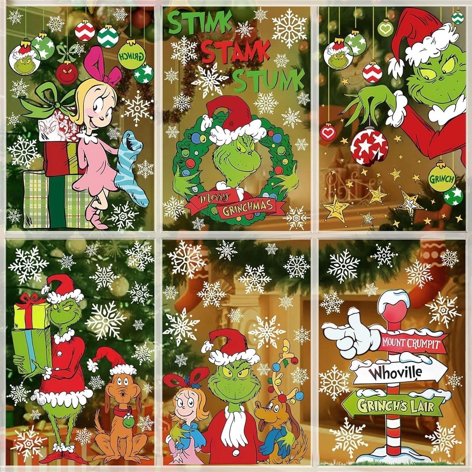 Grinch Window Clings Christmas Decorations Sticker Decals Green Monster ...