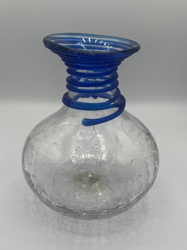 Blenko Handcraft Cobalt Blue Swirl Clear Crackled Glass Vase/Jar | eBay