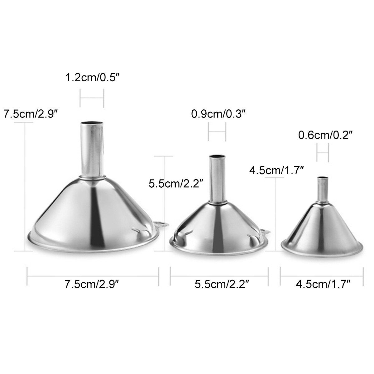3x Stainless Steel Funnels Set Small Medium Large Kitchen Liquid Oil ...