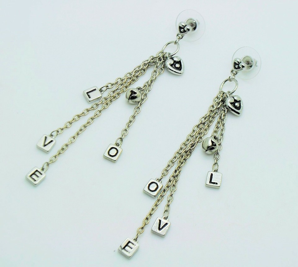 Chic long drippy multi silver 4 line chains love drop fashion Earrings ...