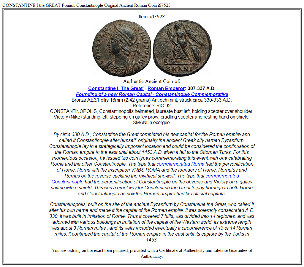 CONSTANTINE I the GREAT Founds Constantinople Original Ancient Roman ...