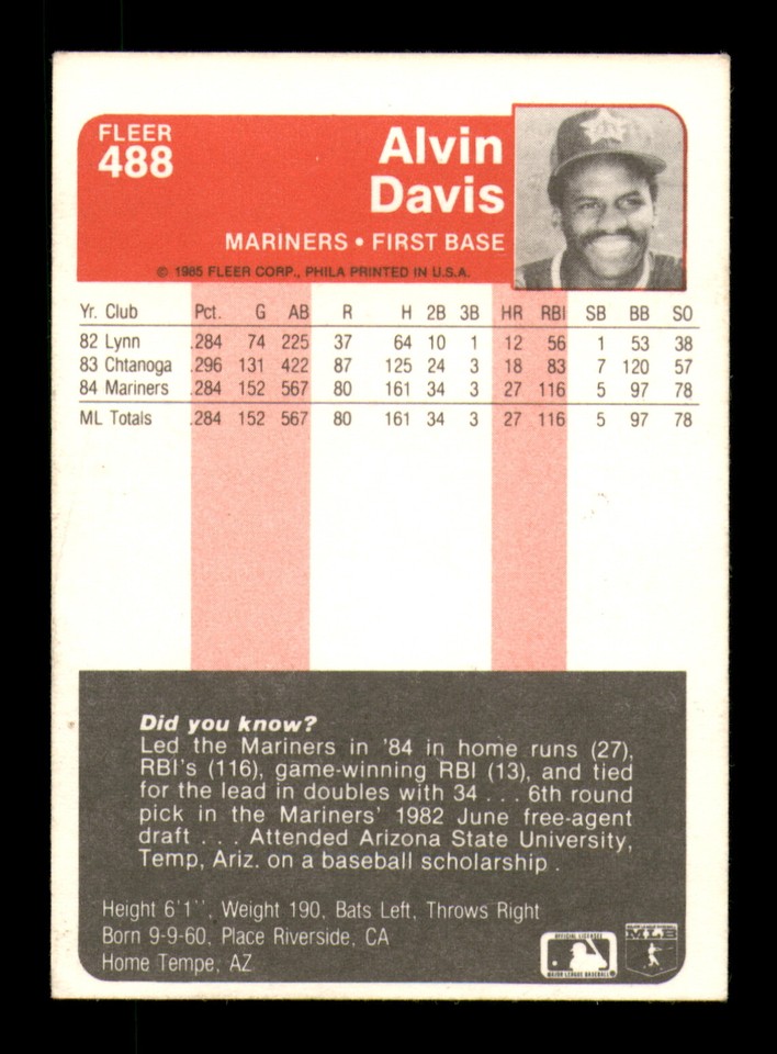 Alvin Davis Autographed 1985 Fleer Rookie Card #488 Seattle Mariners ...