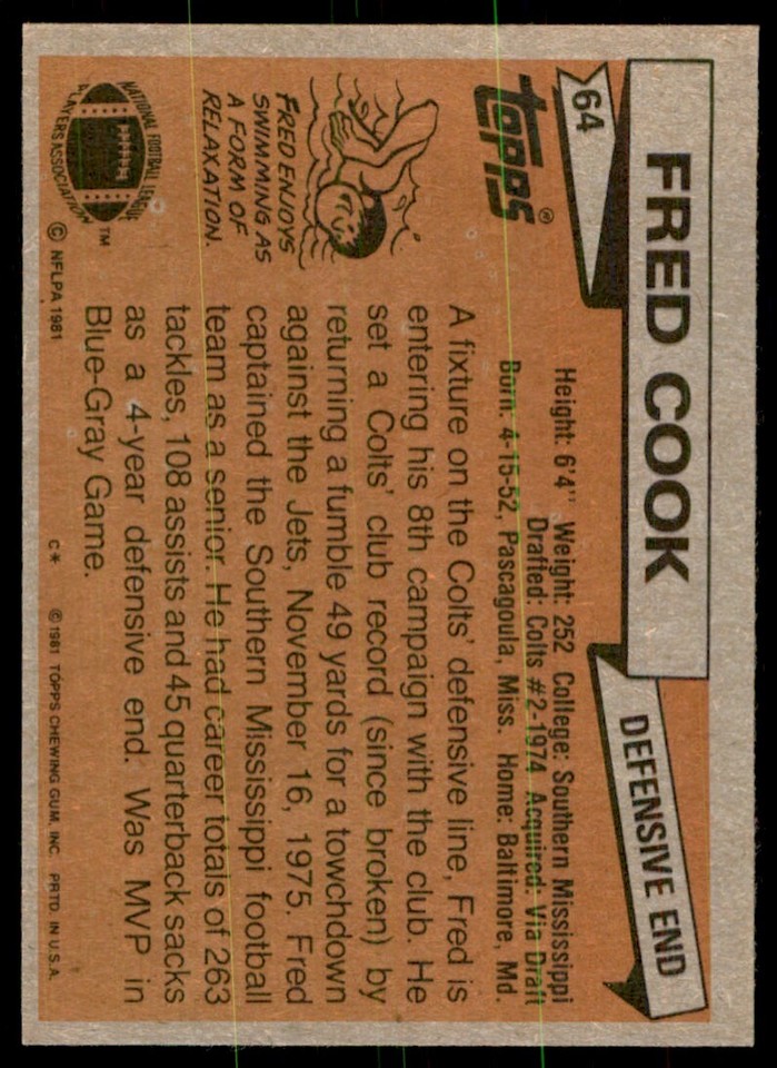 1981 TOPPS FRED COOK- BALTIMORE COLTS #64 | eBay