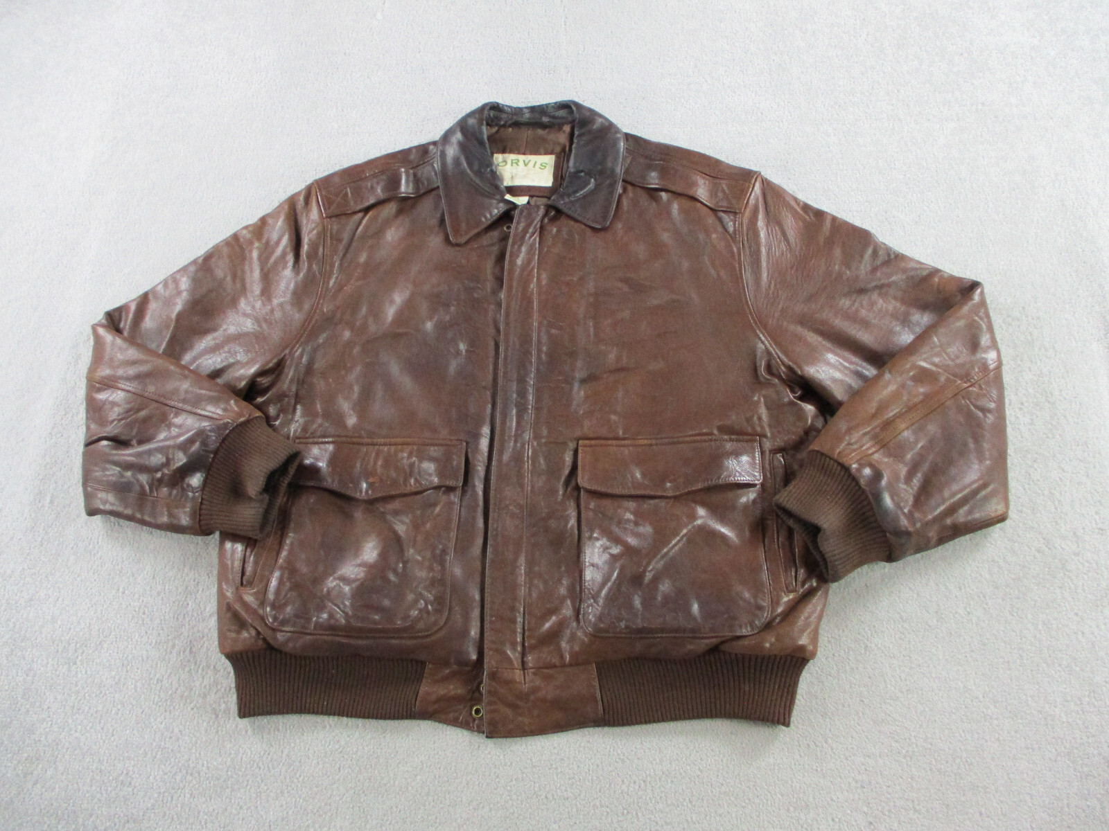 Orvis Jacket Mens Large Brown Leather Bomber Full Zip Flight Aviator ...