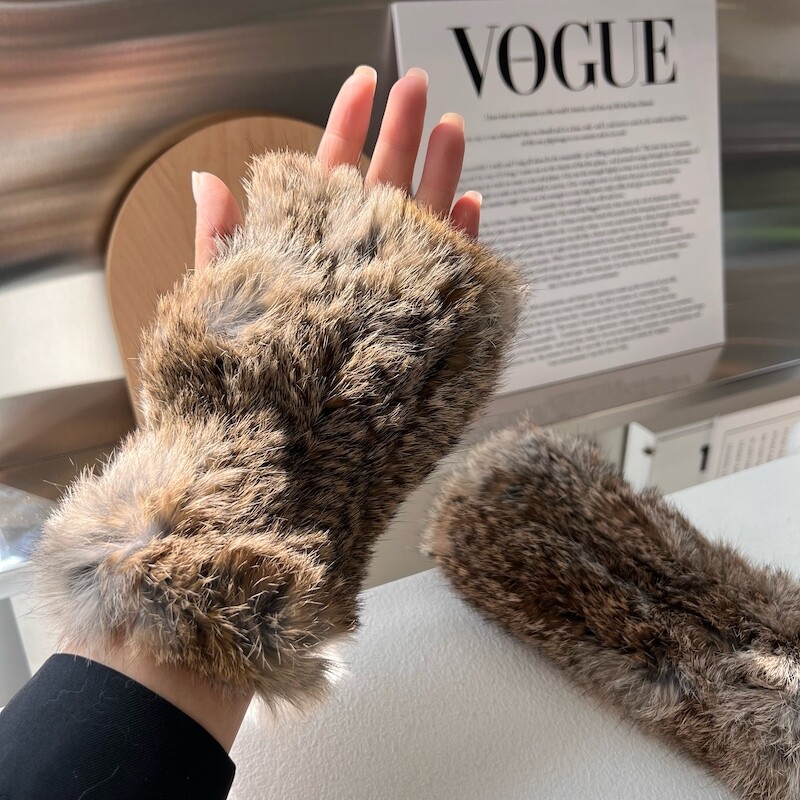 Women's Warm Real Rabbit Rex Fur Gloves Knitted Stretch Fingerless ...
