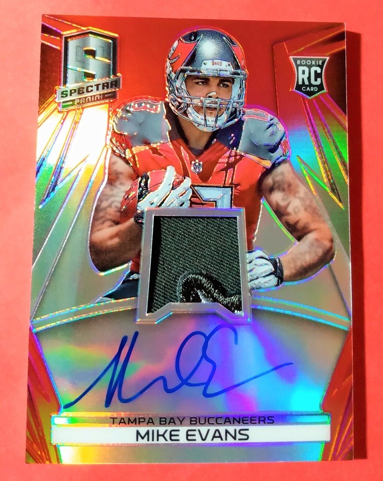 2014 SPECTRA MIKE EVANS RED PRIZM COLOR MATCH ROOKIE PATCH ON CARD AUTO ...