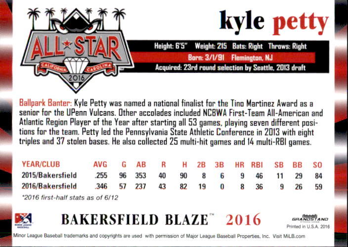 2016 California/Carolina League All-Stars #16 Kyle Petty Flemington New ...