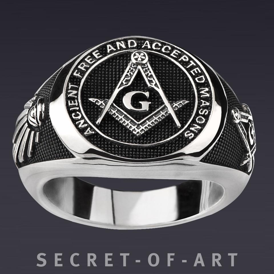 Masonic Ring Silver Freemason Masonry AF & AM Ancient Free and Accepted ...