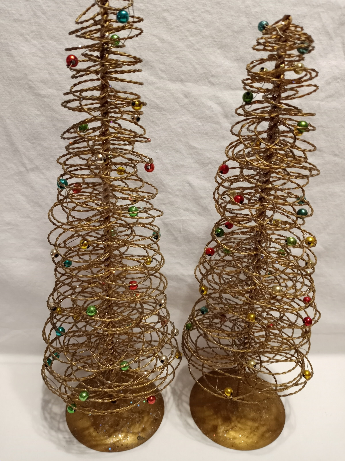 2 Vintage Twisted Wire Christmas Trees Multicolor Bead Ornaments 11.5 ...