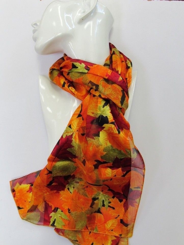 Women's Scarf Long Fall Leaf Vibrant Autumn Foliage Leaves Print Silk ...