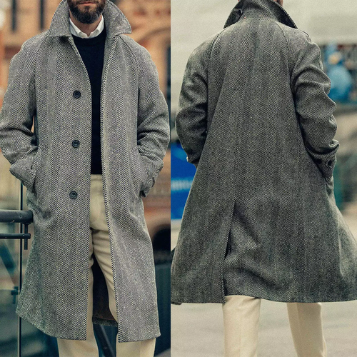 Men's Herringbone Coat Grey Stand Up Lapel Single Breasted Pocket ...