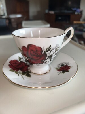 Vintage Royal Dover Bone China English Tea Cup & Saucer Deep Red Rose ...