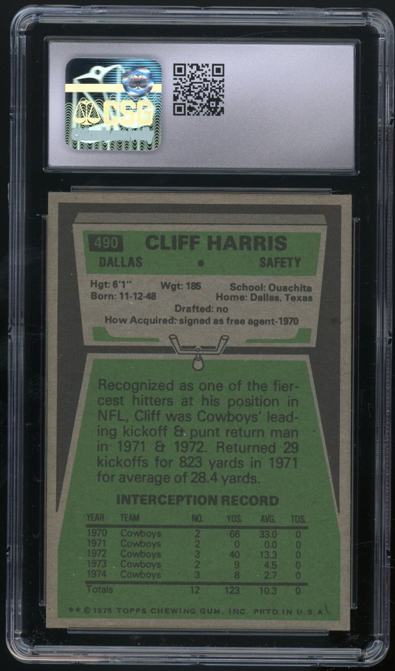 CLIFF HARRIS 1975 Topps #490 Dallas Cowboys HOF Rookie RC CSG 6.5 EX ...