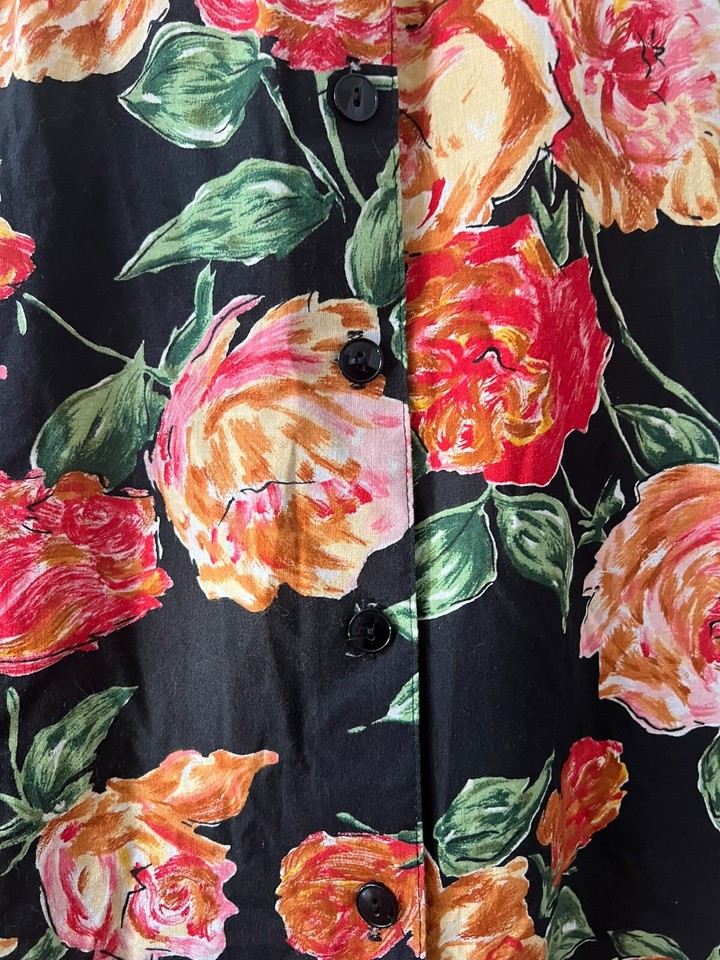 Vintage 80s Black Floral Rose Print Cotton Midi Belt Shirt Dress S/M | eBay