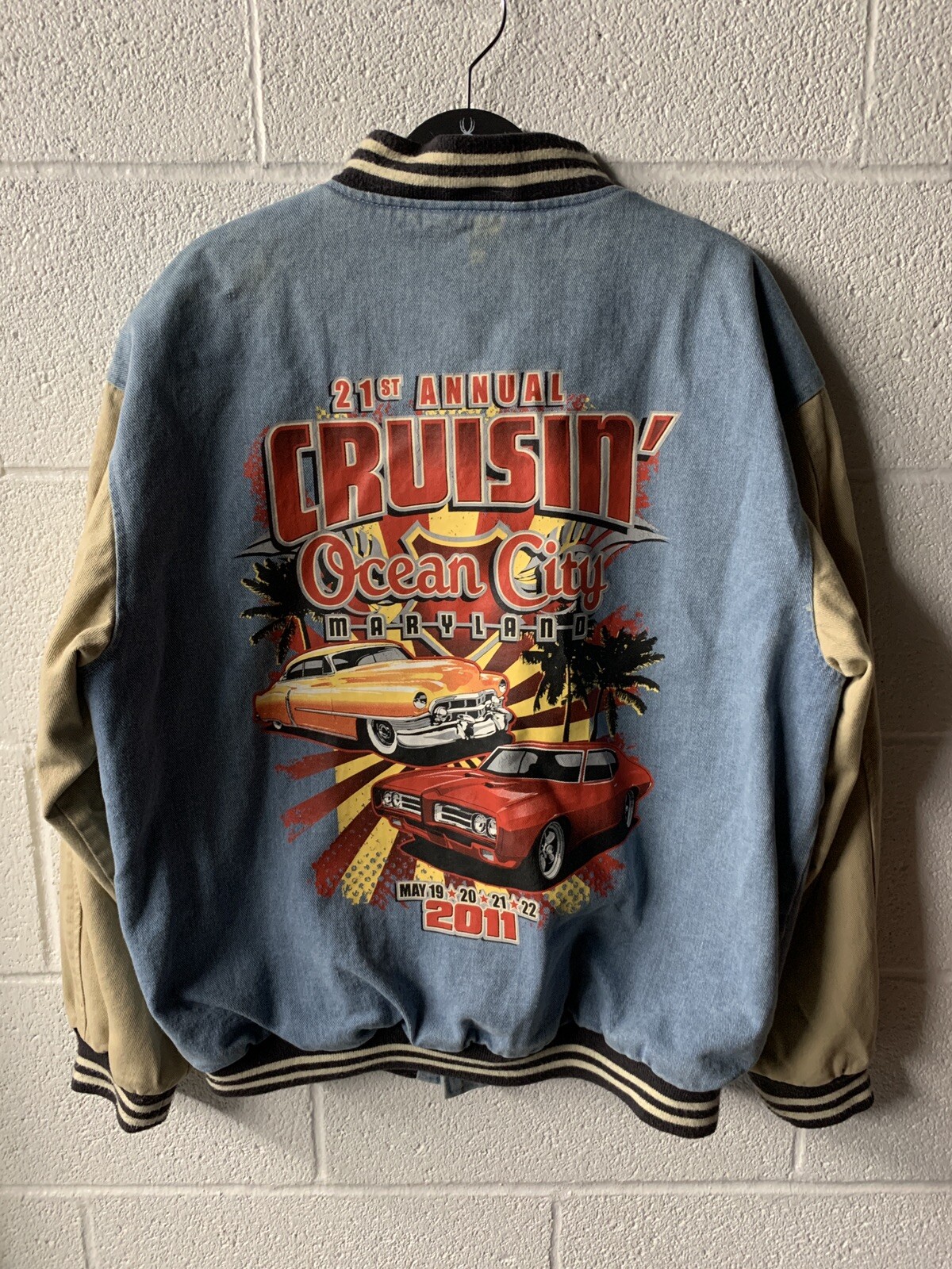 COBRA Denim Varsity Jean Jacket Khaki Sleeves Ocean C… - Gem