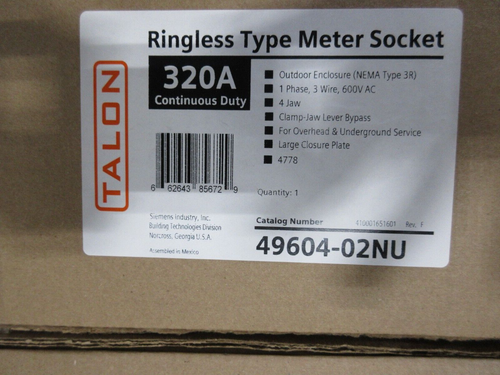 Talon Siemens 49604-02NU, 320A, 1PH3W, 4 Term, W/ BP RL Meter Base ...