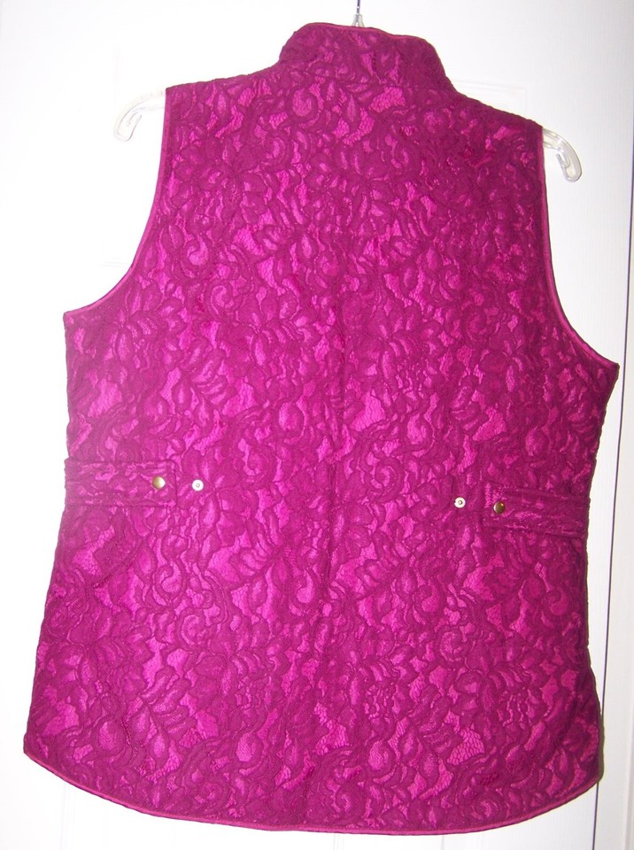 NWOT Crown & Ivy Womens Medium Raspberry Lace Vest Puffer Gold Zip ...
