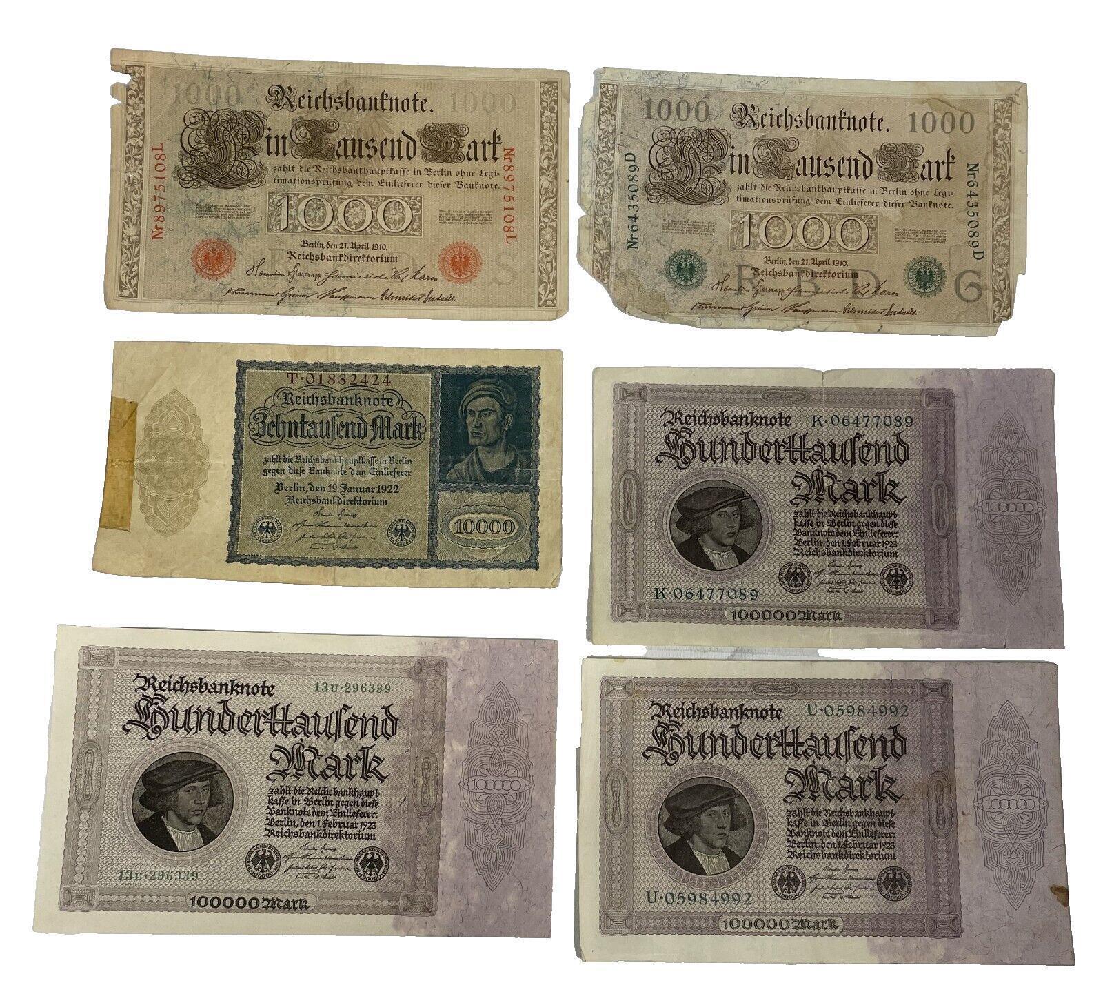Lot of 6 Assorted Denomination Pre-WW2 German Mark Inflation Currency ...