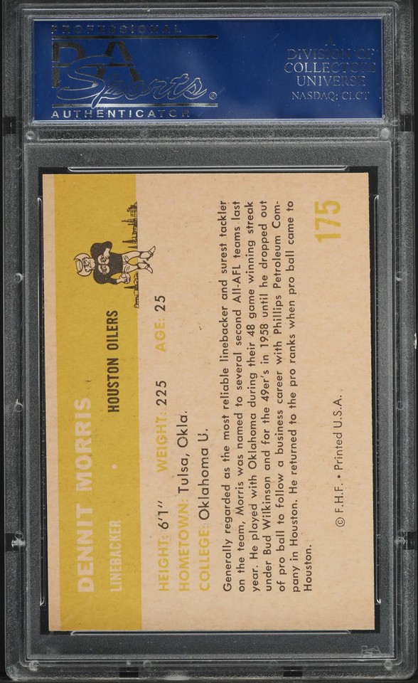 1961 Fleer FB Card #175 Dennit Morris Houston Oilers ROOKIE RC PSA 8 NM ...