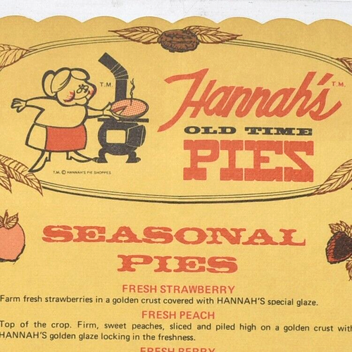 1968 Hannah's Old Time Pies Shoppe Restaurant Placemat Menu Houston ...