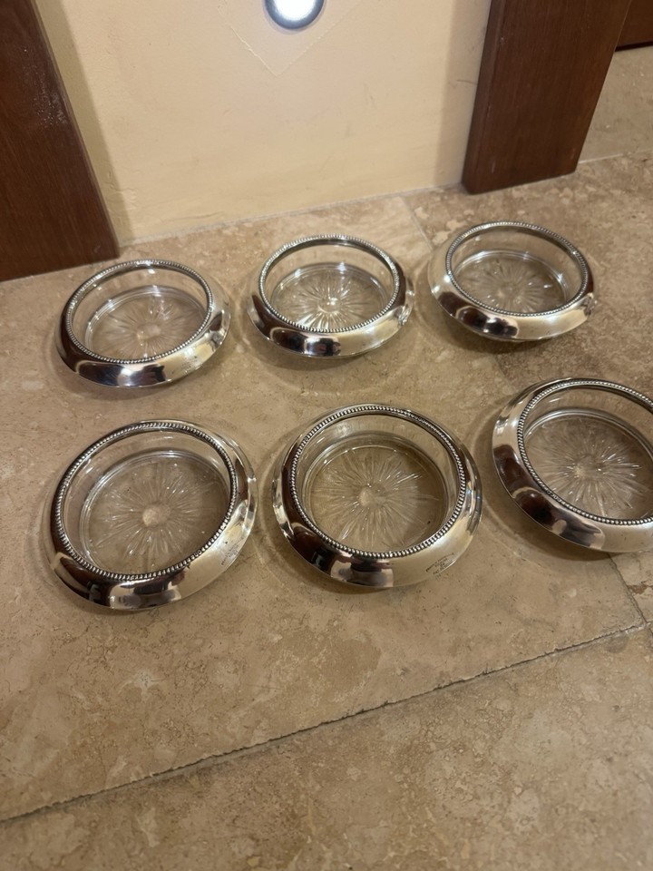 6 pack STERLING SILVER Vintage Frank M Whiting & Co Crystal Coaster ...