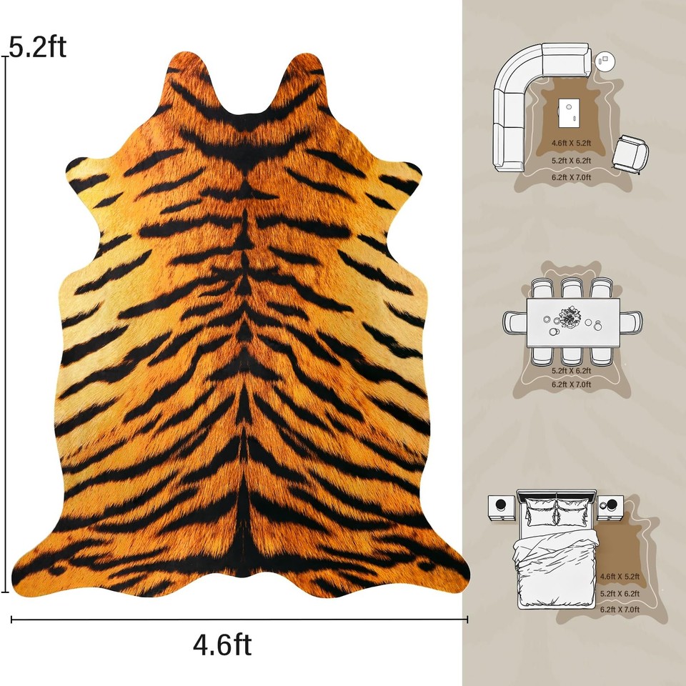 Premium Tiger Print Rug 4.6x5.2 Feet, Machine Washable Faux Fur Rug ...