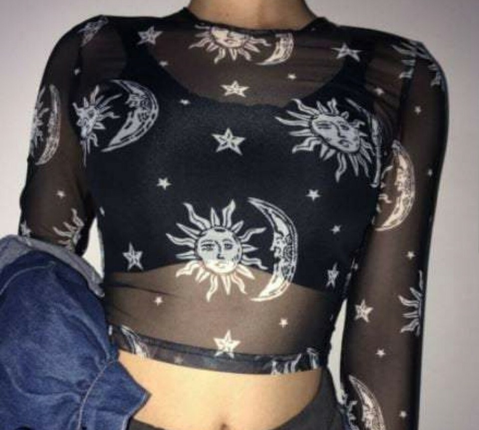 Black Mesh Top Long Sleeve White stars Sun Moon Sheer Crop Stretchy ...