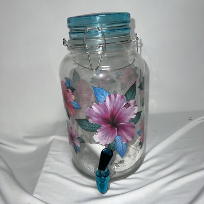 Glass 1 Gallon FLoral Design Beverage Dispenser Clasp Lid for Lemonade ...
