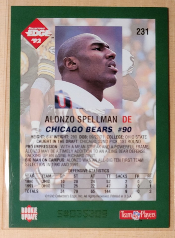 1992 Collector's Edge Alonzo Spellman ROOKIE CARD (RC) Chicago Bears ...